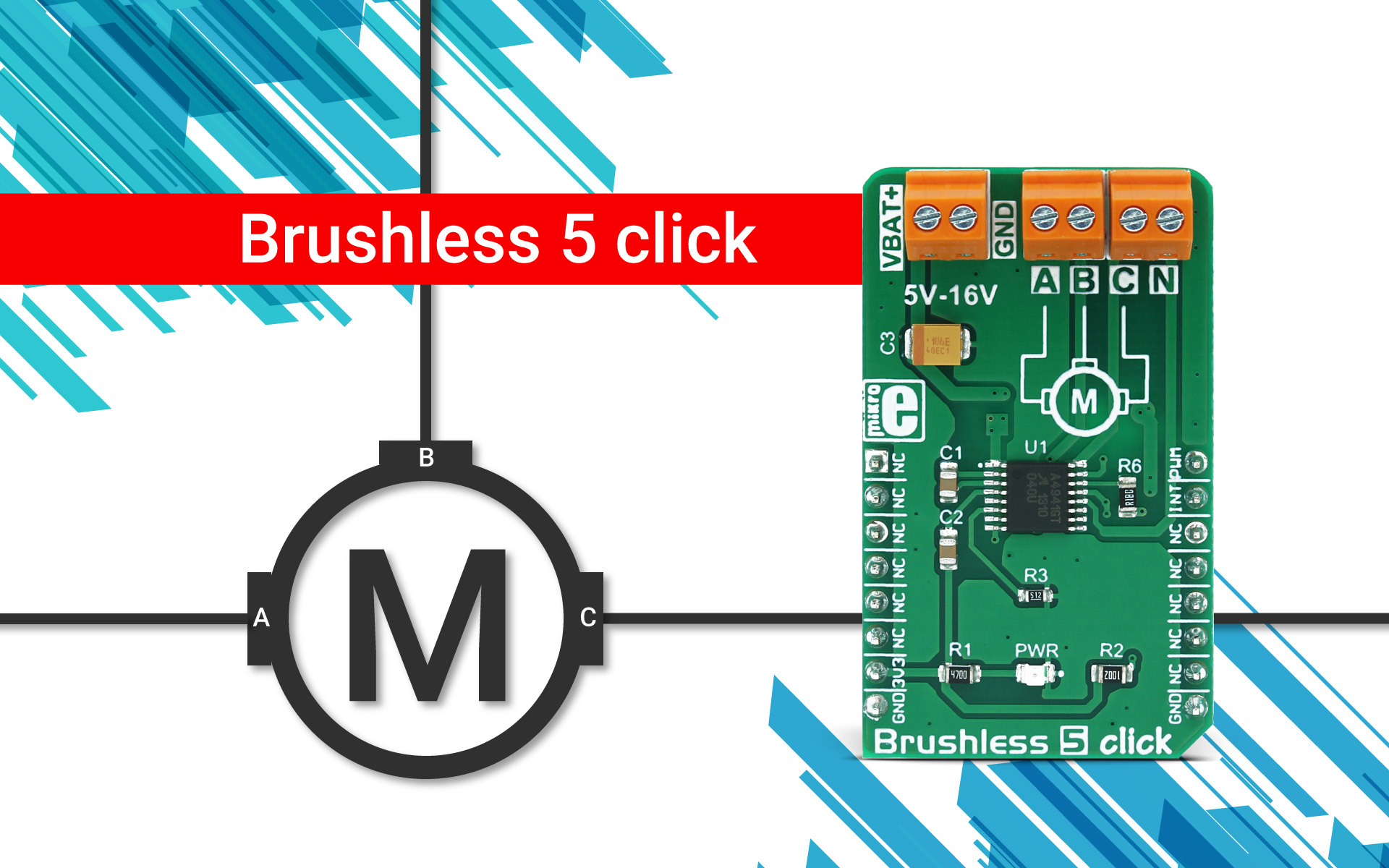 Brushless 5 click - 3 phase sensorless BLCD motor controller - MIKROE
