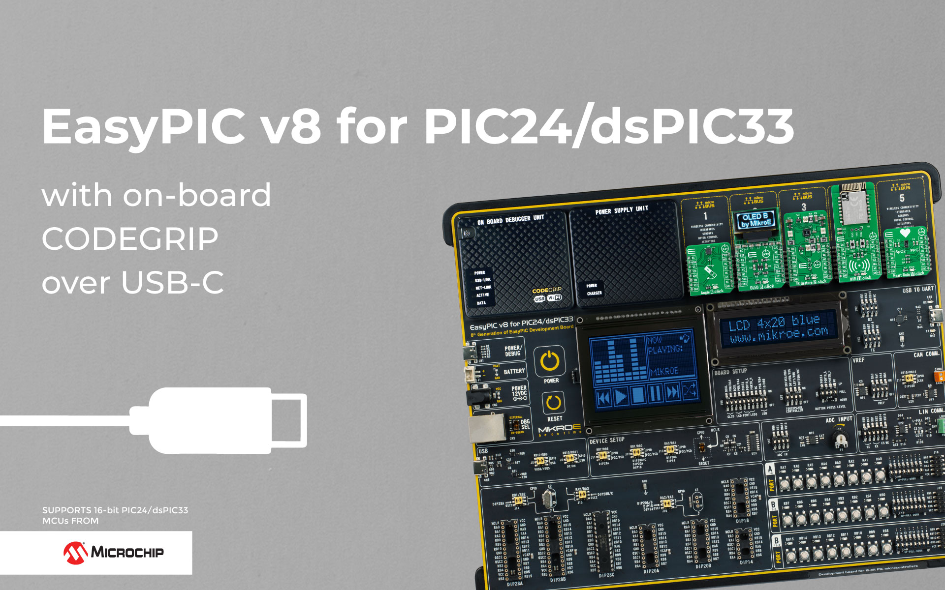 EasyPIC v8 for PIC24-dsPIC33 with on-board CODEGRIP over USB-C
