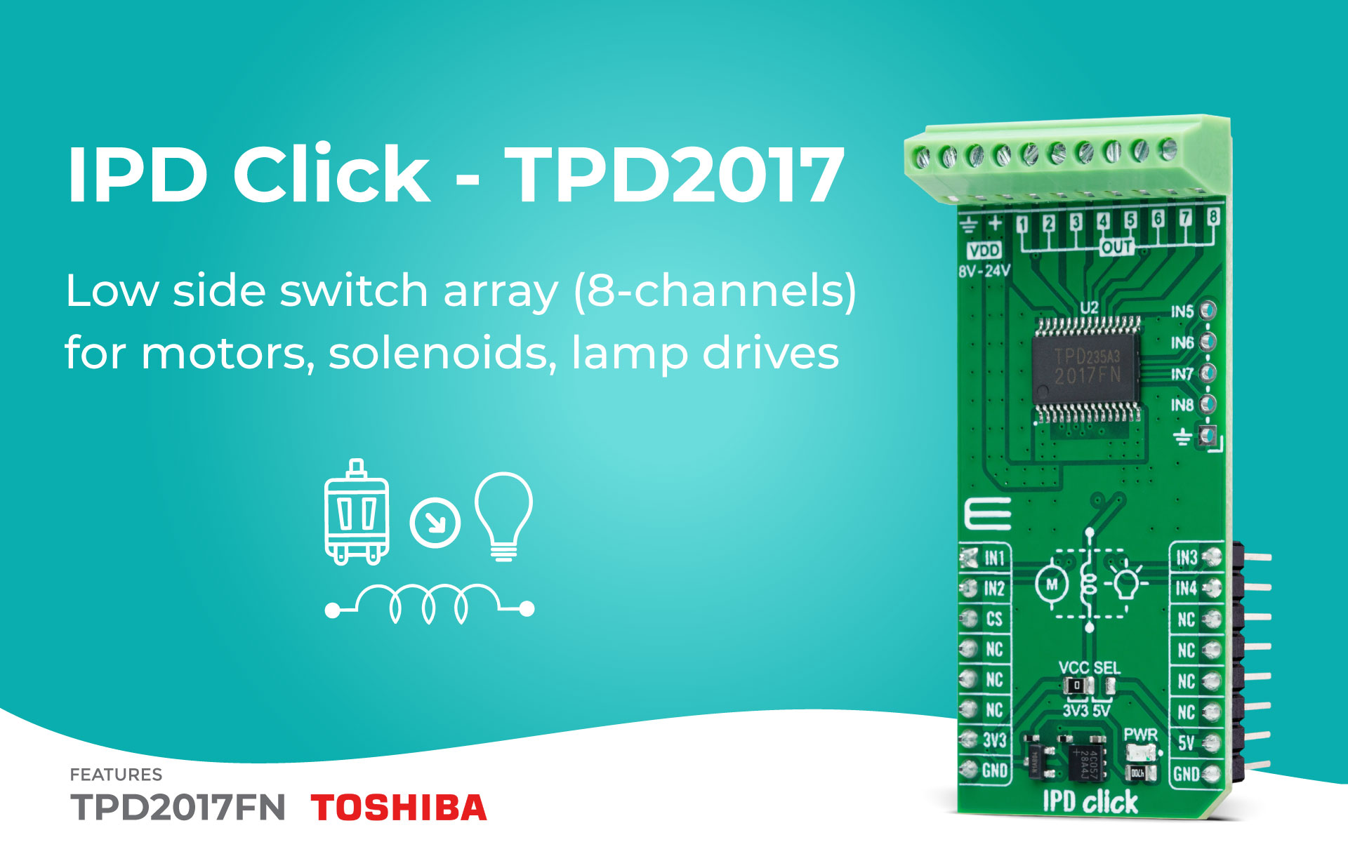 IPD Click - TPD2017 - 8-channel low-side switch for inductive and resistive load control - MIKROE