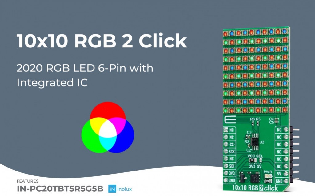 10x10 RGB Click board with 2020 RGB LED 6-Pin and Integrated IC - MIKROE