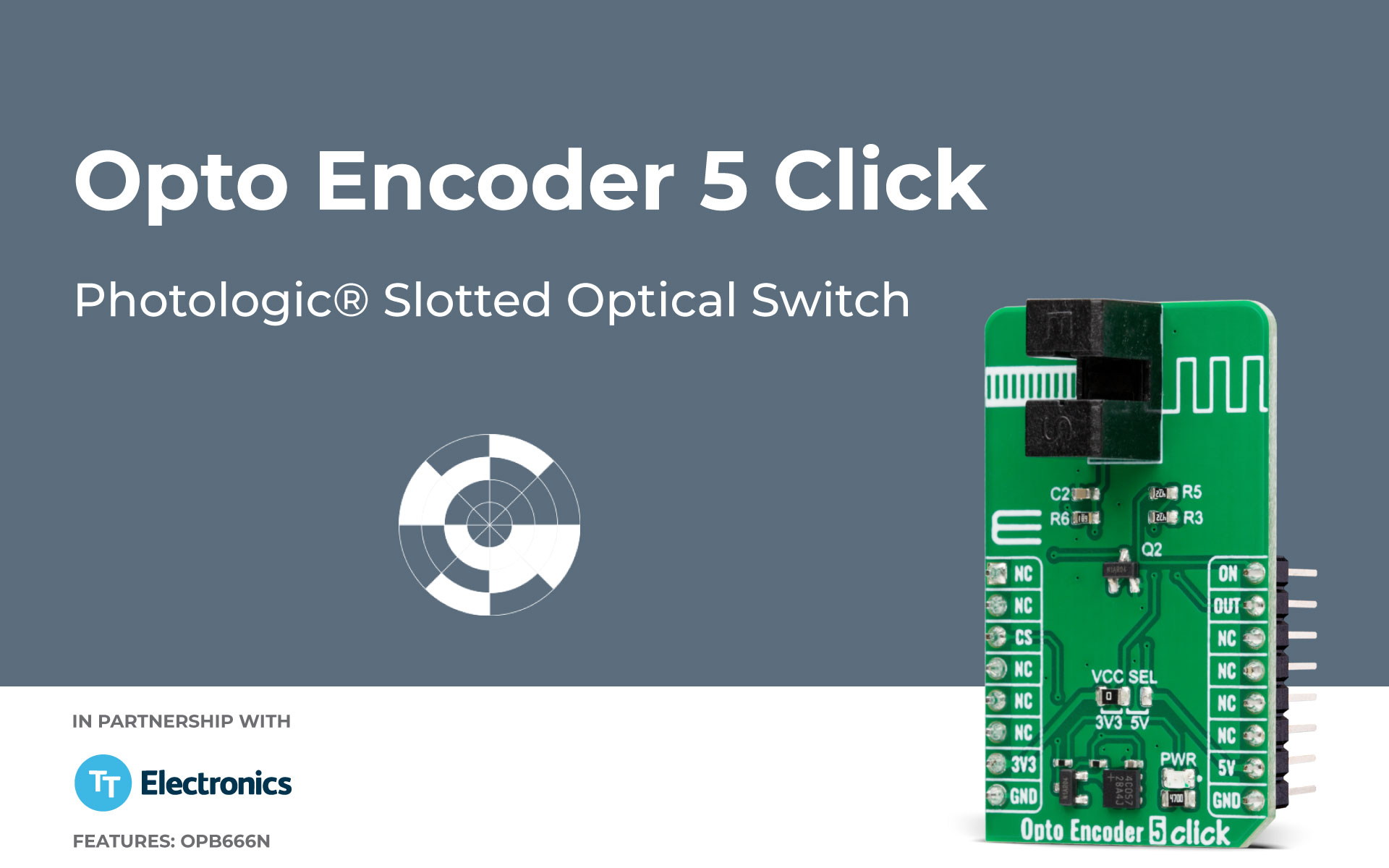 Opto Encoder 5 Click featuring a Photologic® slotted optical switch