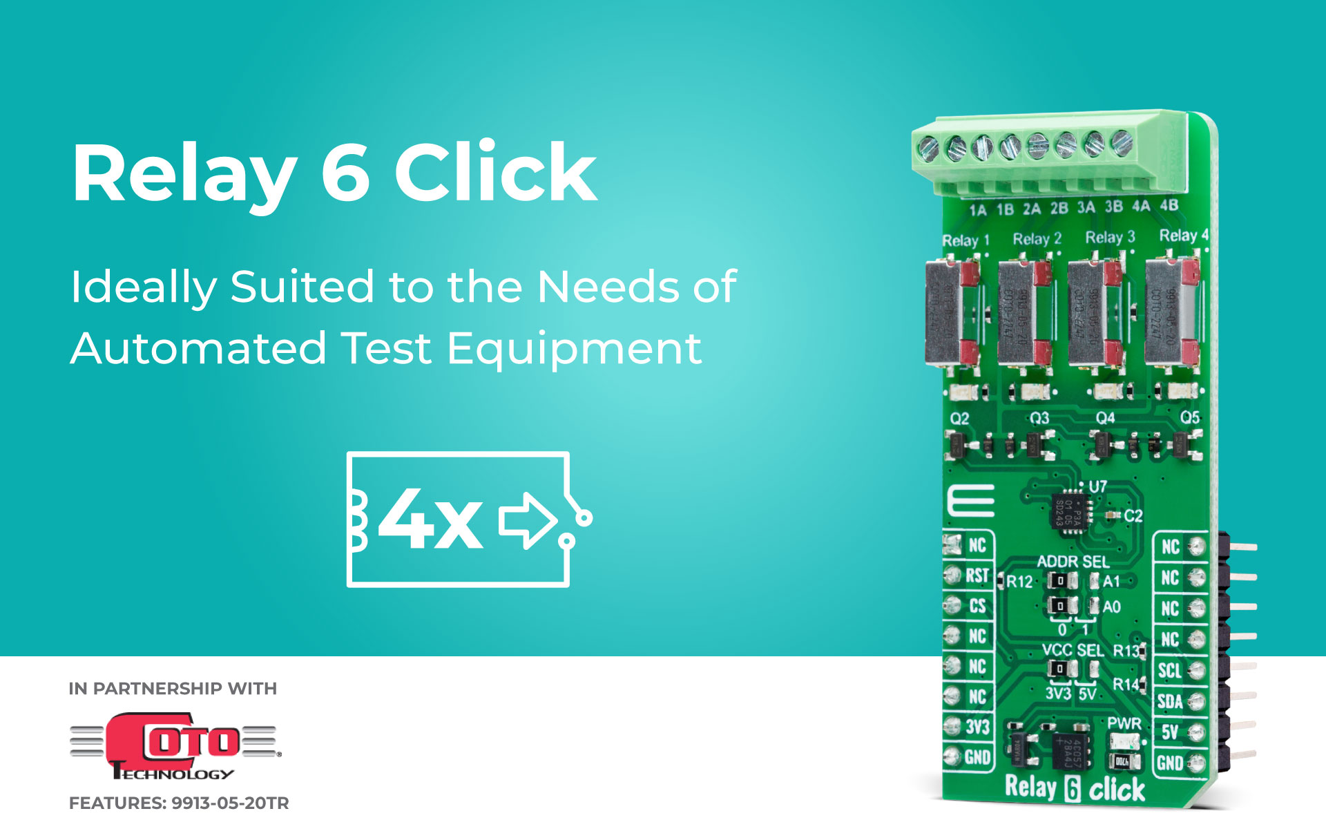 Relay 6 Click based on the four reed relays for precise load control and monitoring