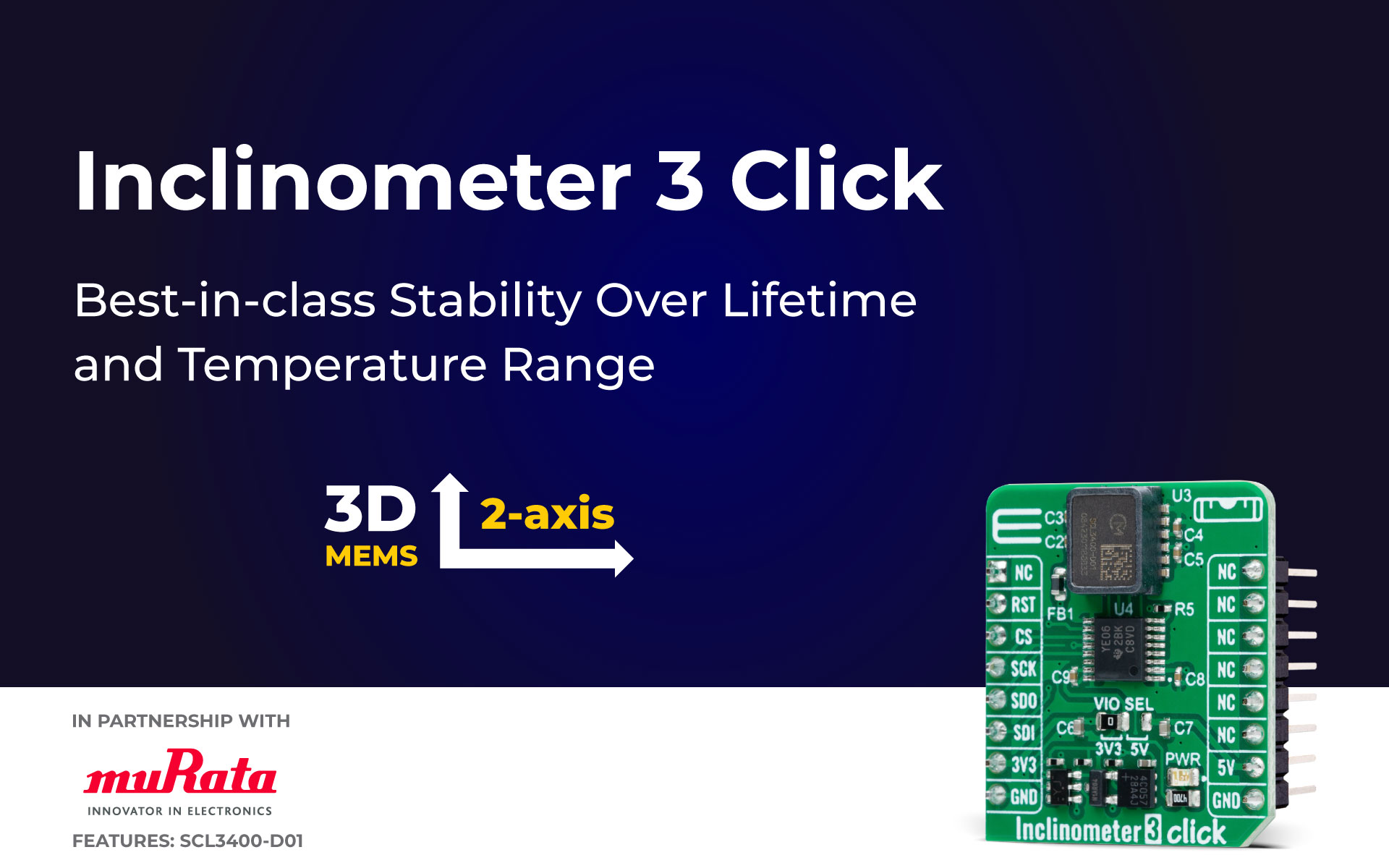 Inclinometer 3 Click - digital 2-axis inclinometer based on capacitive 3D-MEMS technology