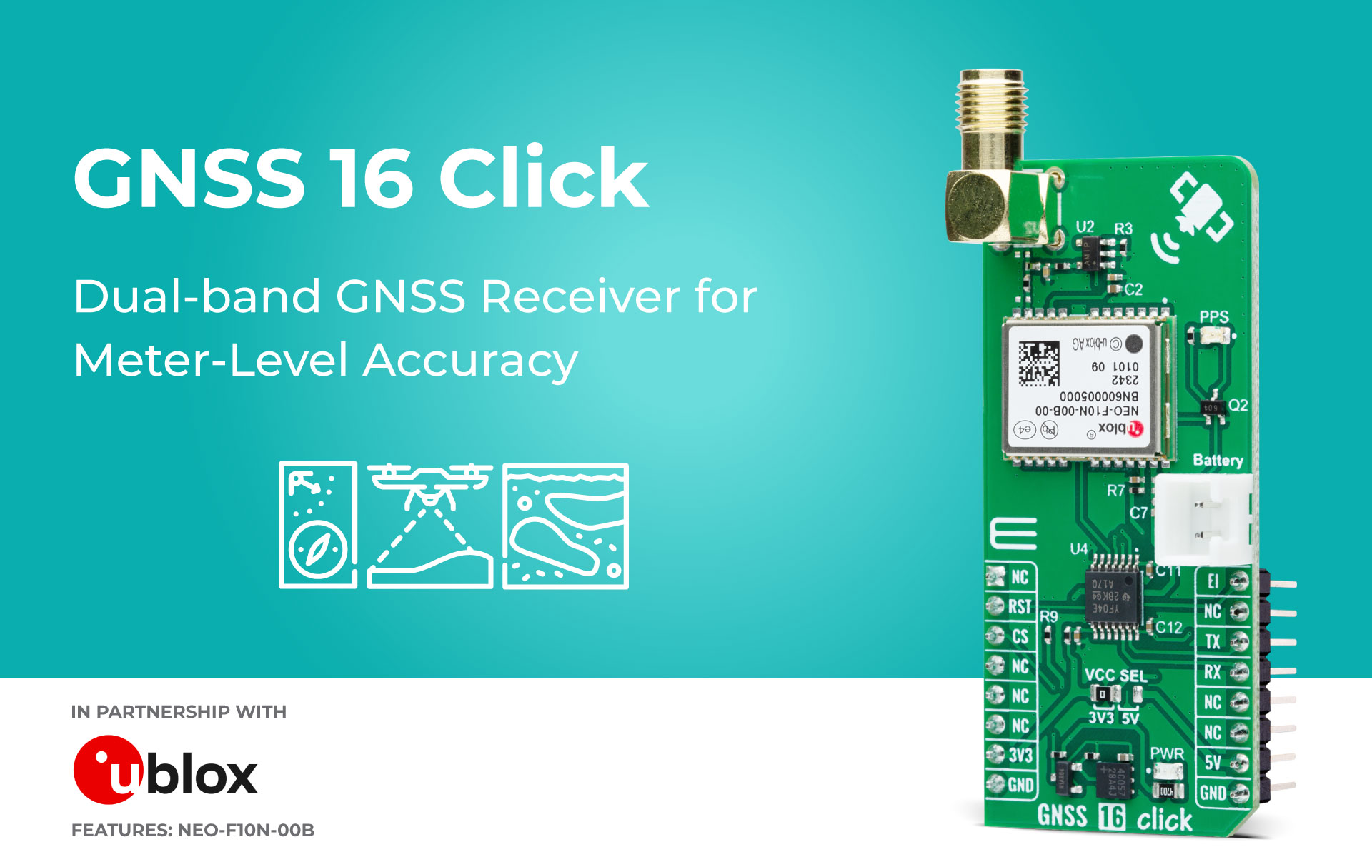 GNSS 16 Click based on a professional-grade L1/L5 dual-band GNSS receiver
