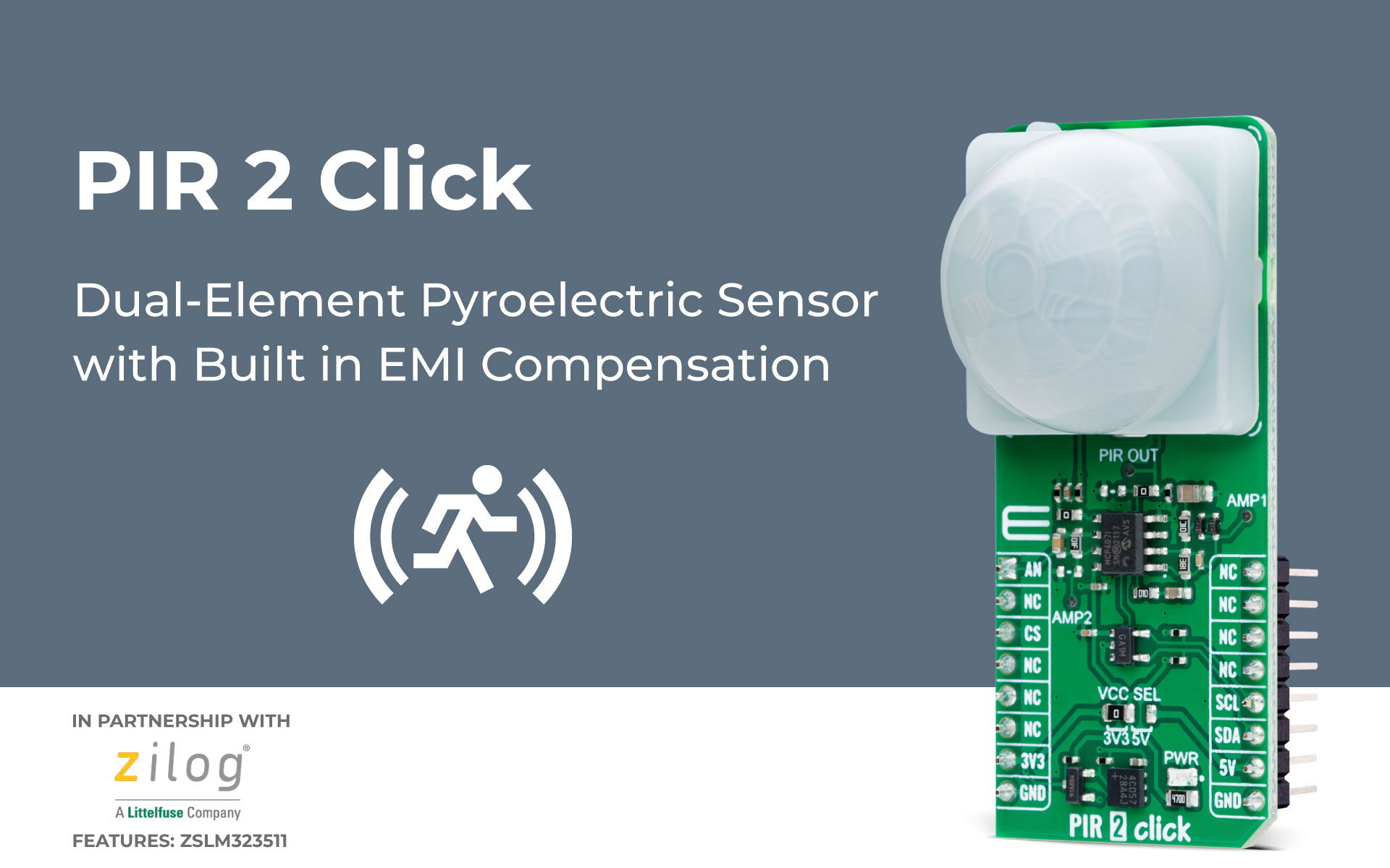 PIR 2 Click featuring a dual-element balanced differential pyroelectric ...
