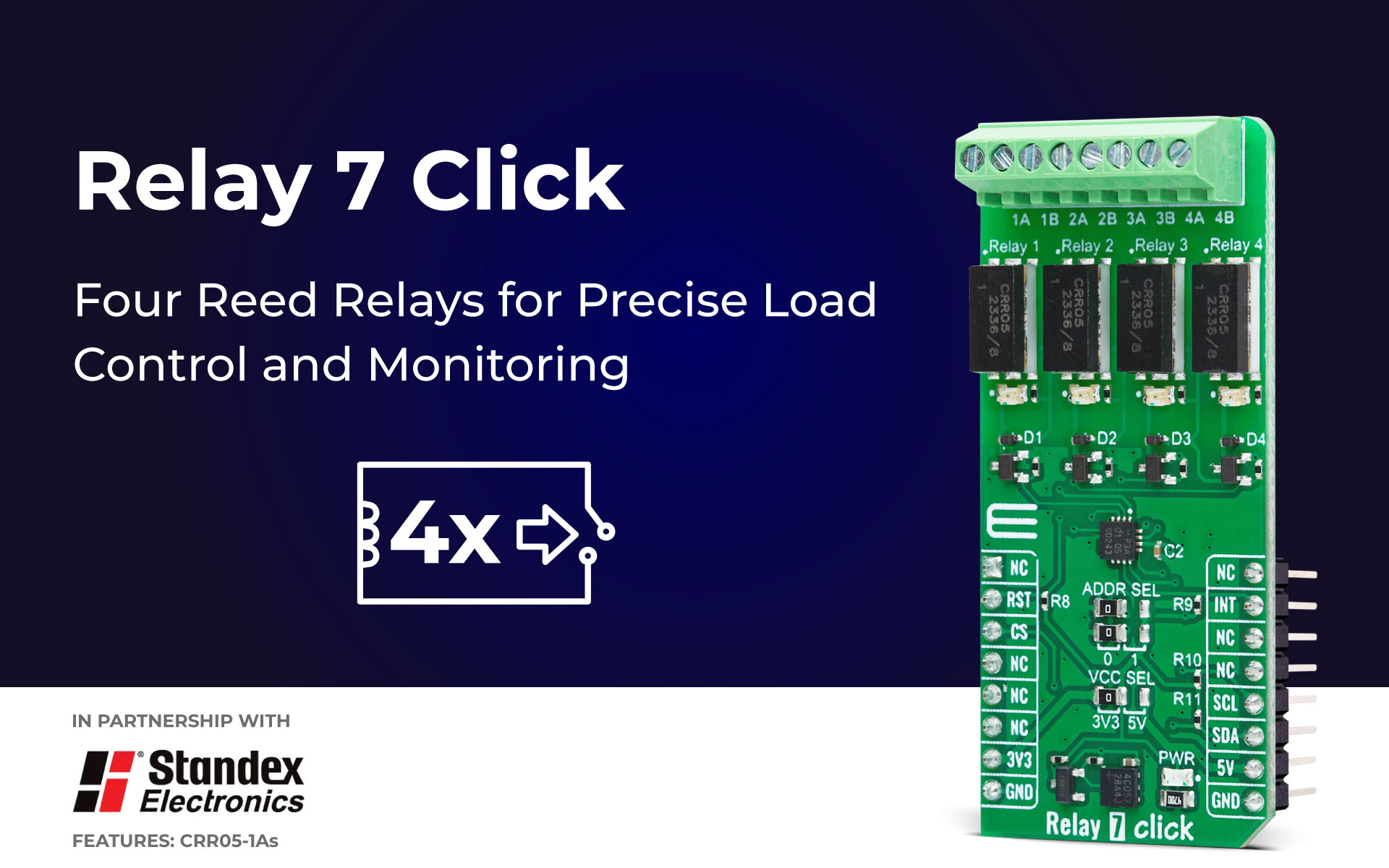 Relay 7 Click based on the four reed relays for precise load control and monitoring