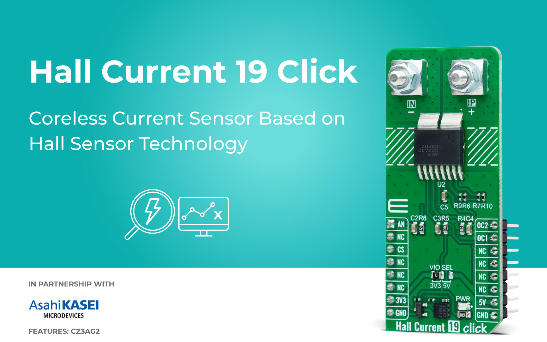 Hall Current 19 Click featuring a coreless current sensor based on Hall sensor technology