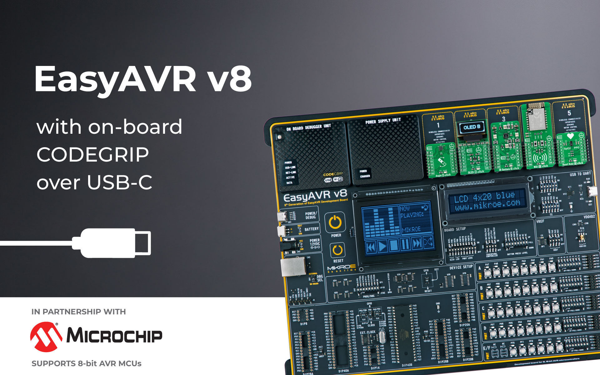 EasyAVR v8 with on-board CODEGRIP over USB-C - MIKROE