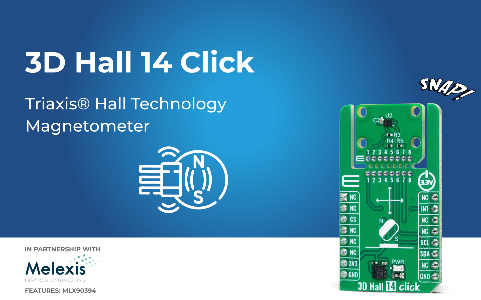 3D Hall 14 Click featuring a Triaxis® Hall technology magnetometer