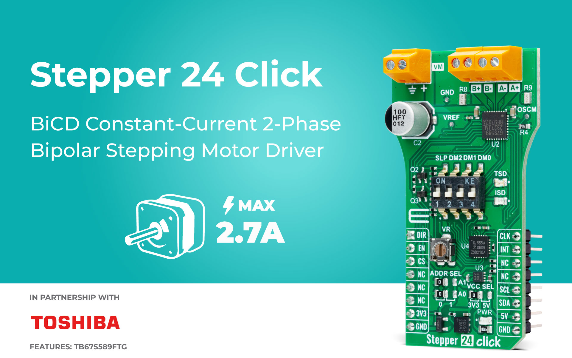 Stepper 24 Click based on a BiCD constant-current 2-phase bipolar stepping motor driver