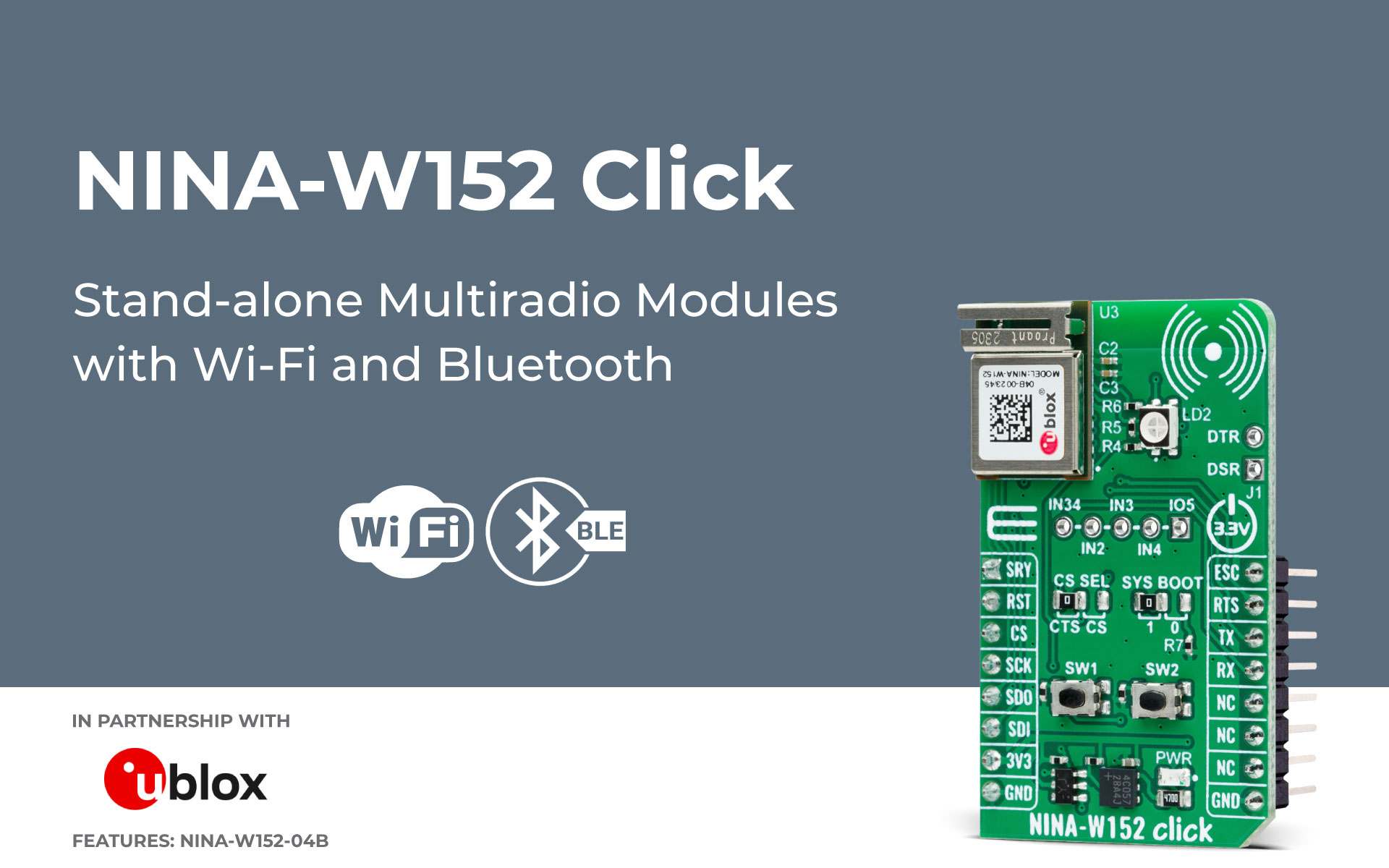 NINA-W152 Click featuring a professional-grade multi-radio WiFi/BLE module