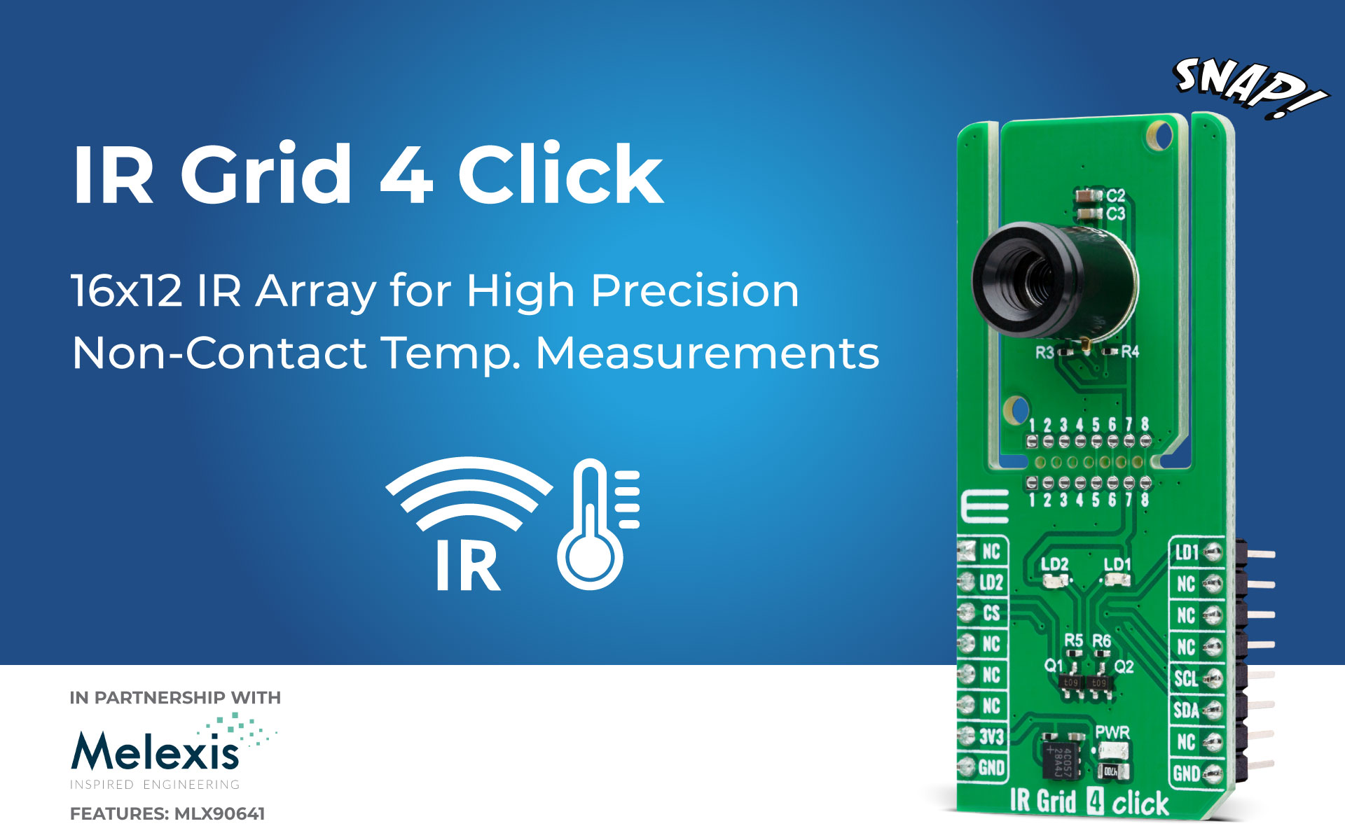 IR Grid 4 Click featuring a fully calibrated thermal IR array sensor in a Click Snap form factor