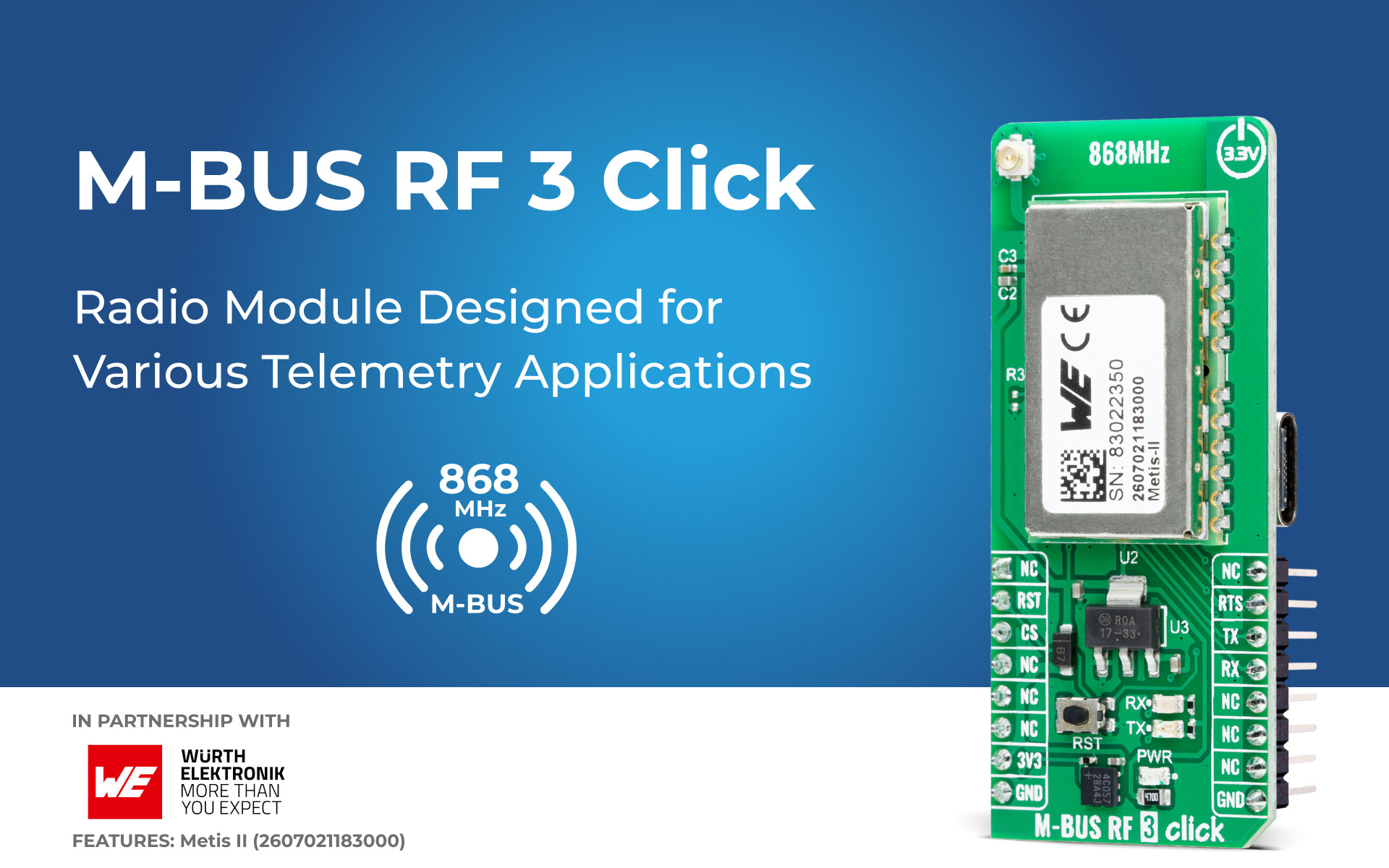 M-BUS RF 3 Click featuring a low-power M-BUS EN13757-4 868MHz radio module