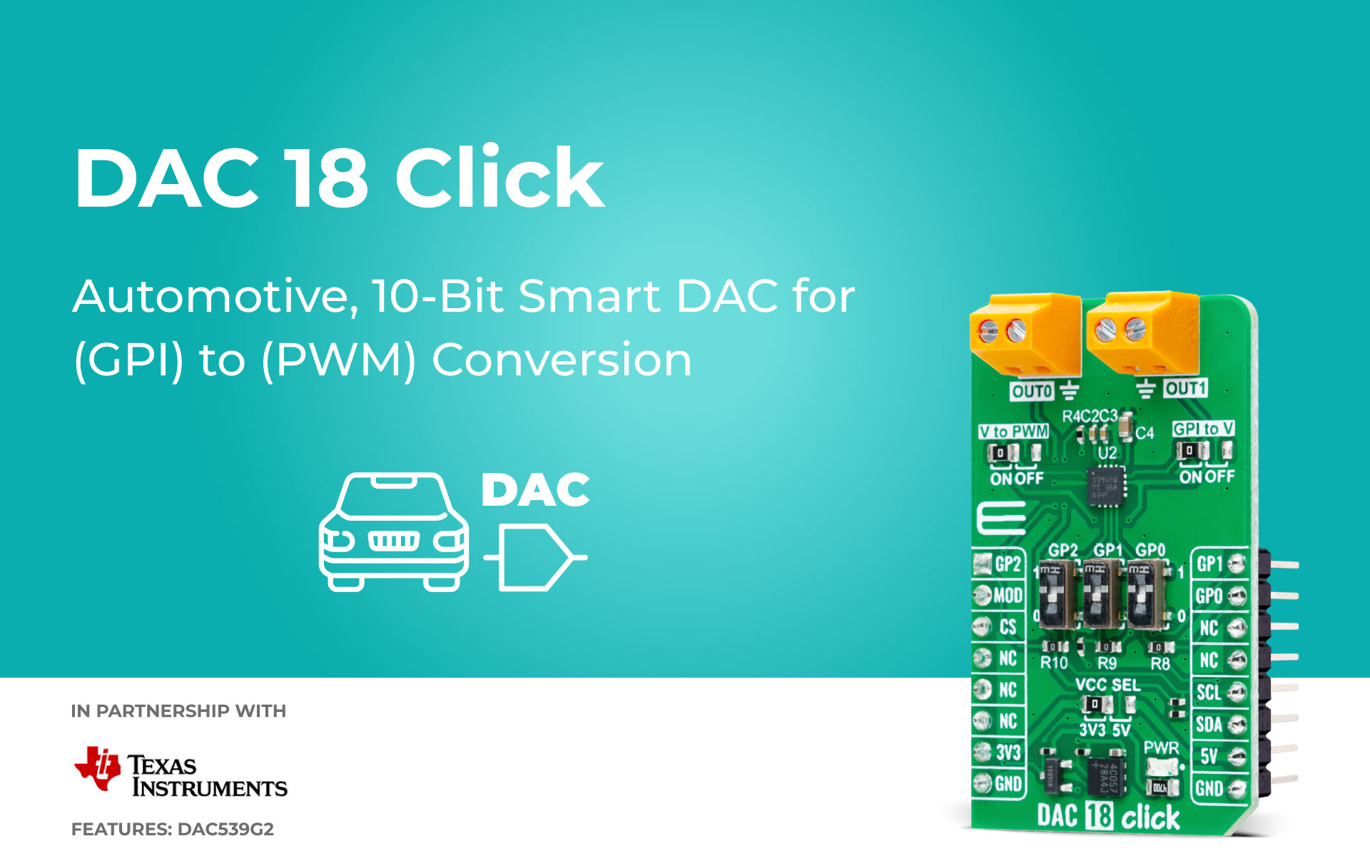 DAC 18 Click featuring a smart DAC for general-purpose input to PWM conversion