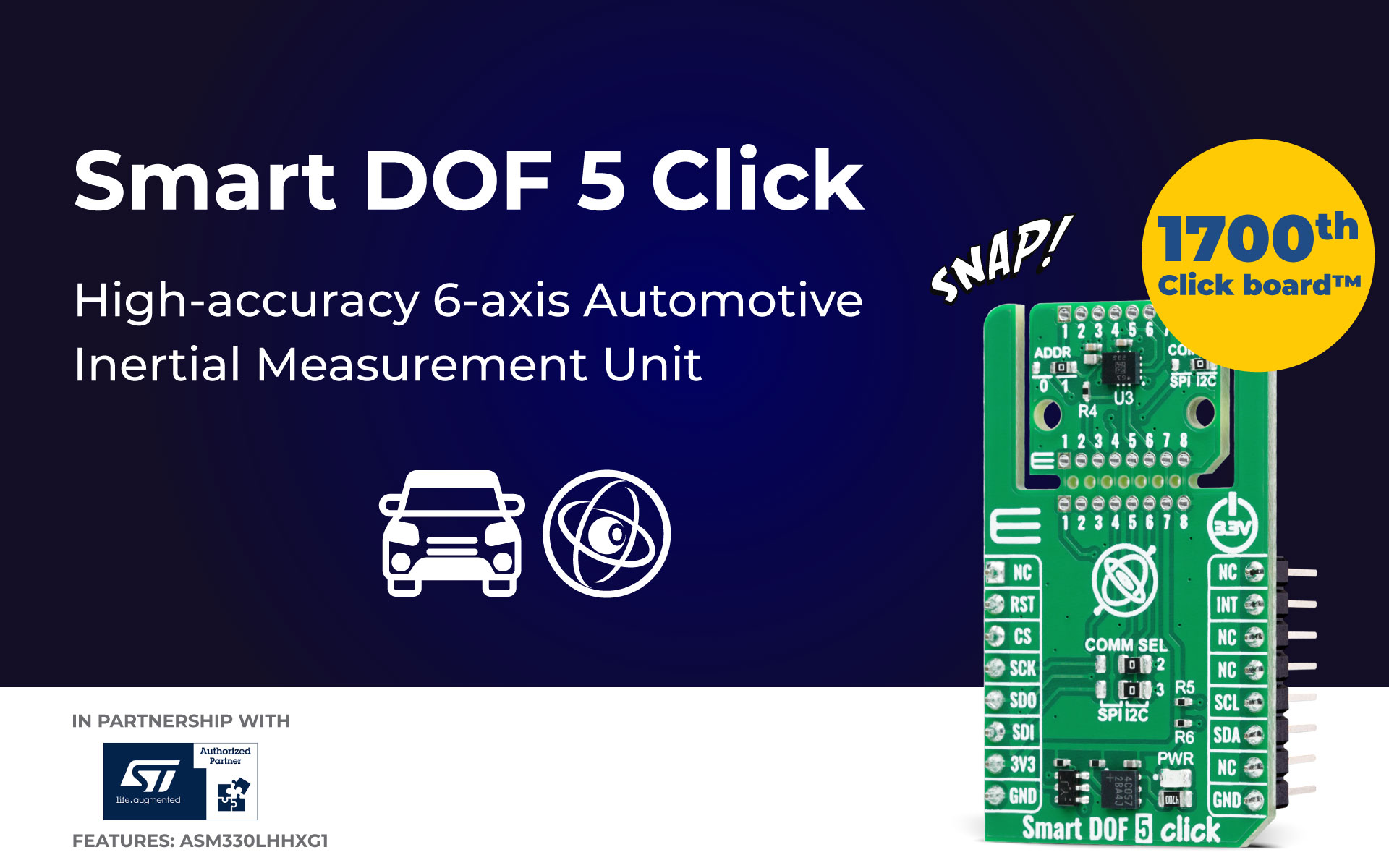 Smart DOF 5 Click featuring a 6-axis inertial measurement unit (IMU) in ...