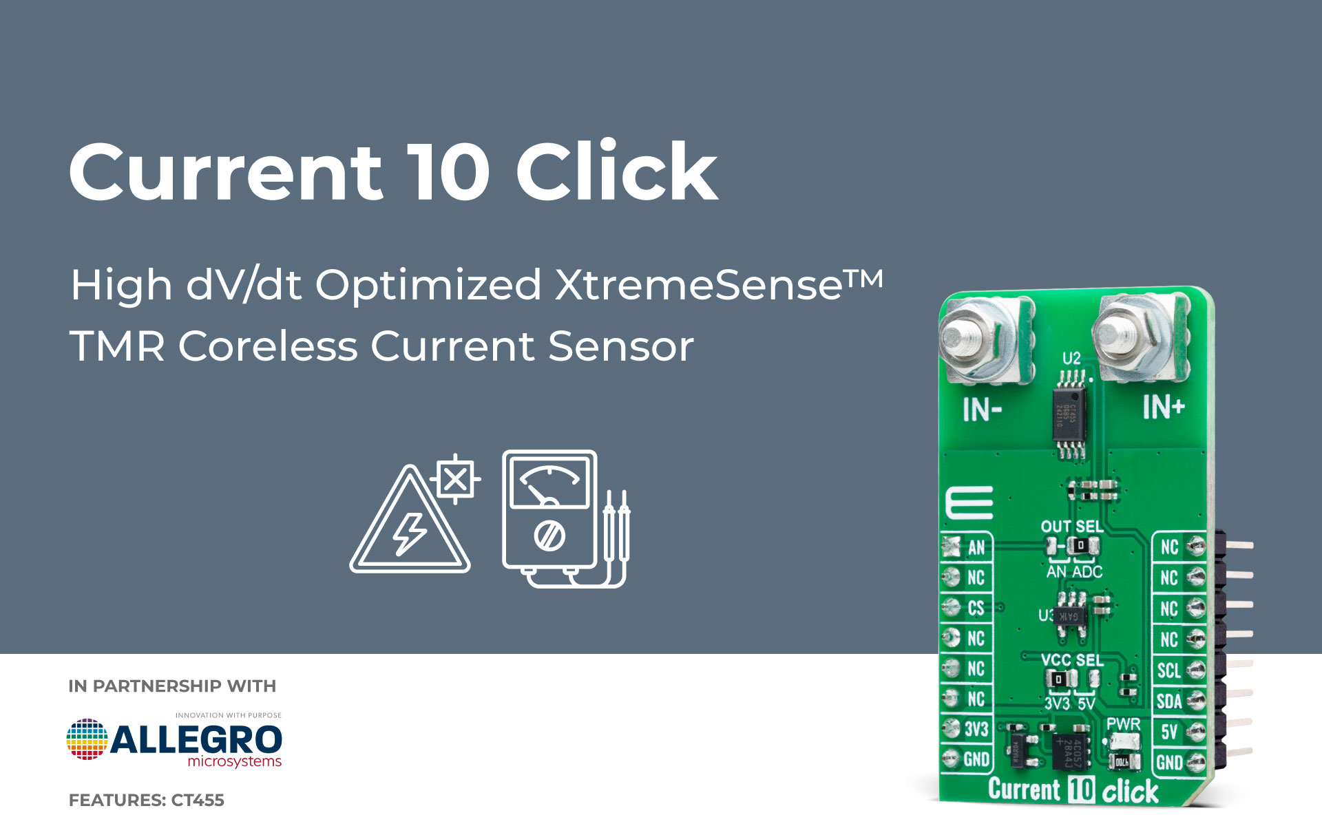 Current 10 Click featuring a XtremeSense™ TMR coreless current sensor