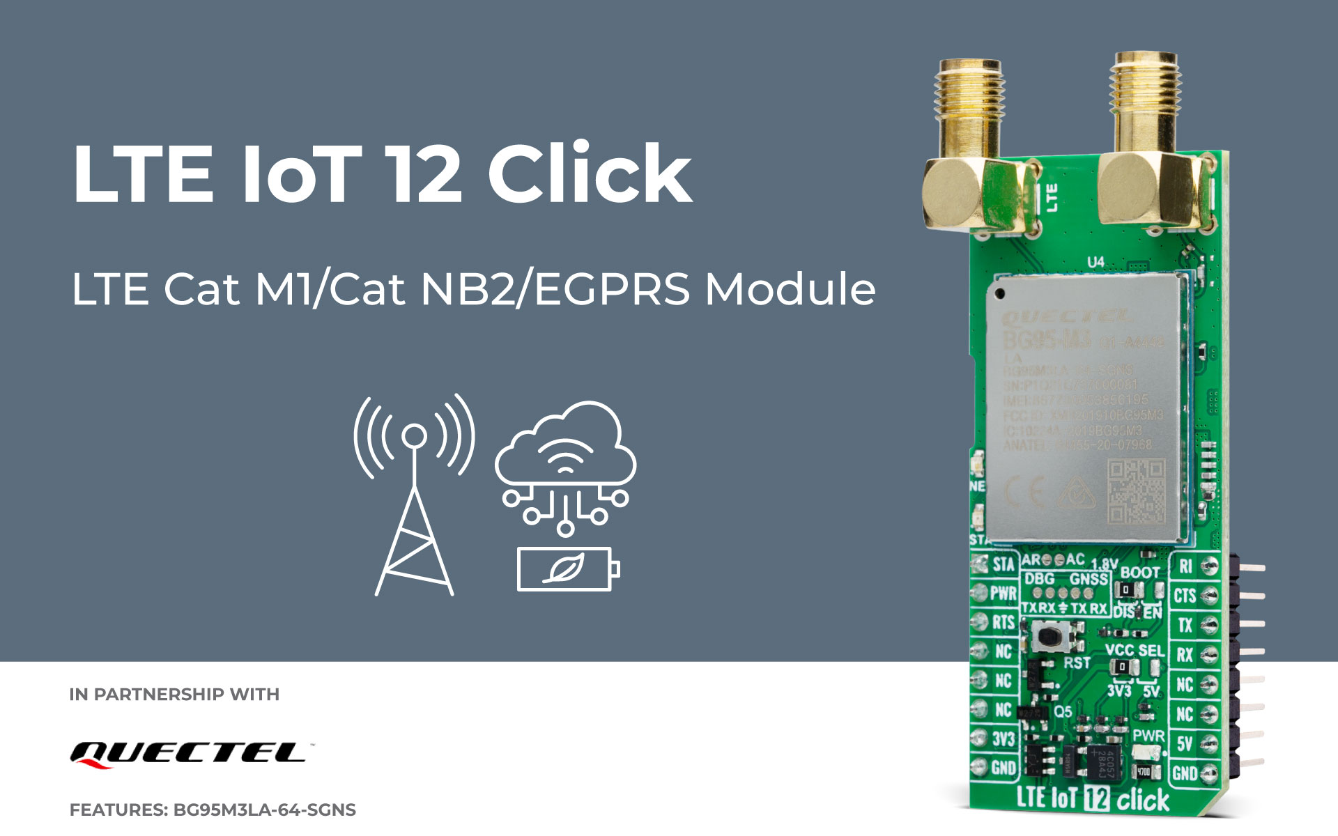 LTE IoT 12 Click featuring multi-mode module with LTE Cat M1/Cat NB2/EGPRS and integrated GNSS