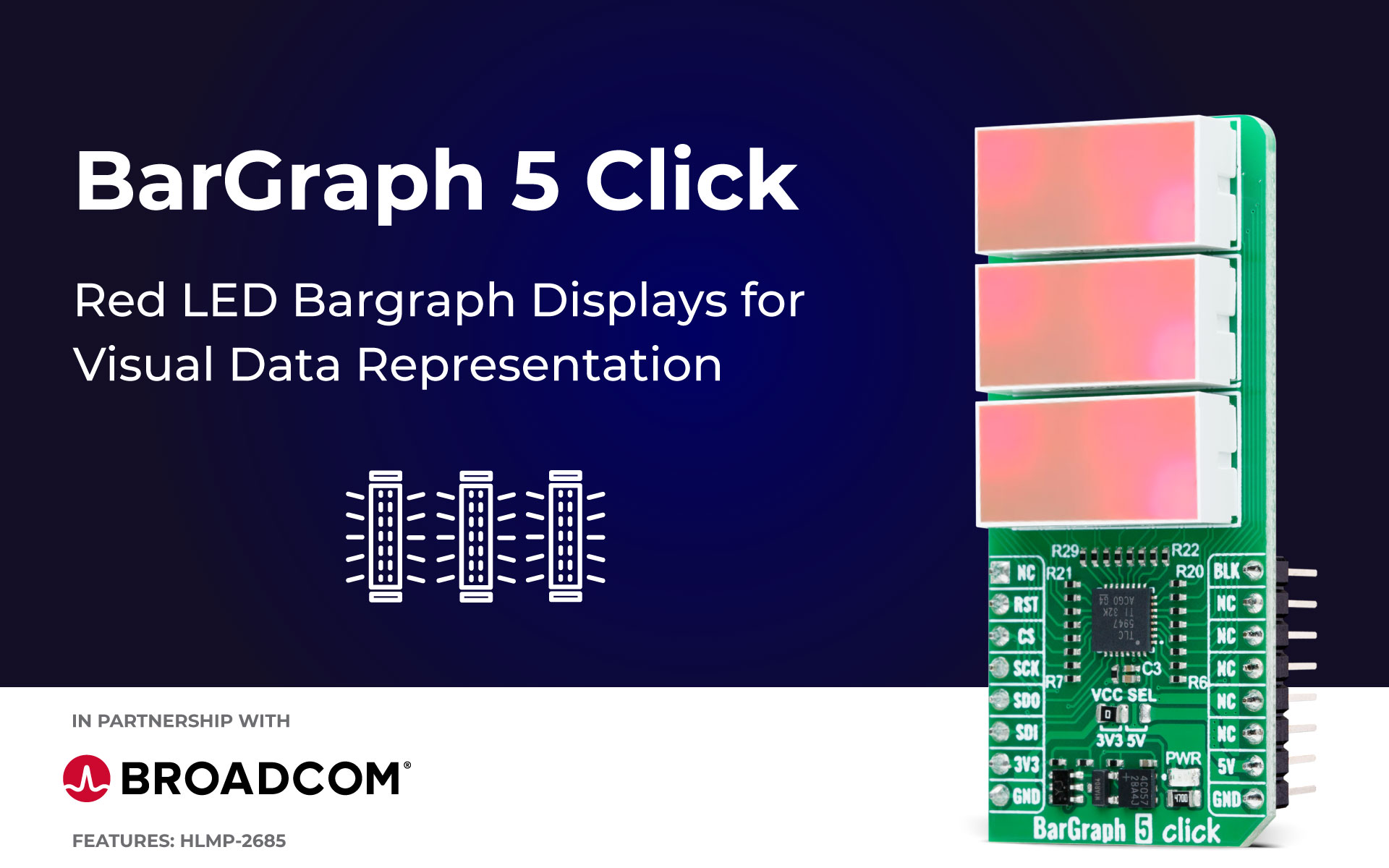 BarGraph 5 Click featuring three red LED bargraph displays for visual ...