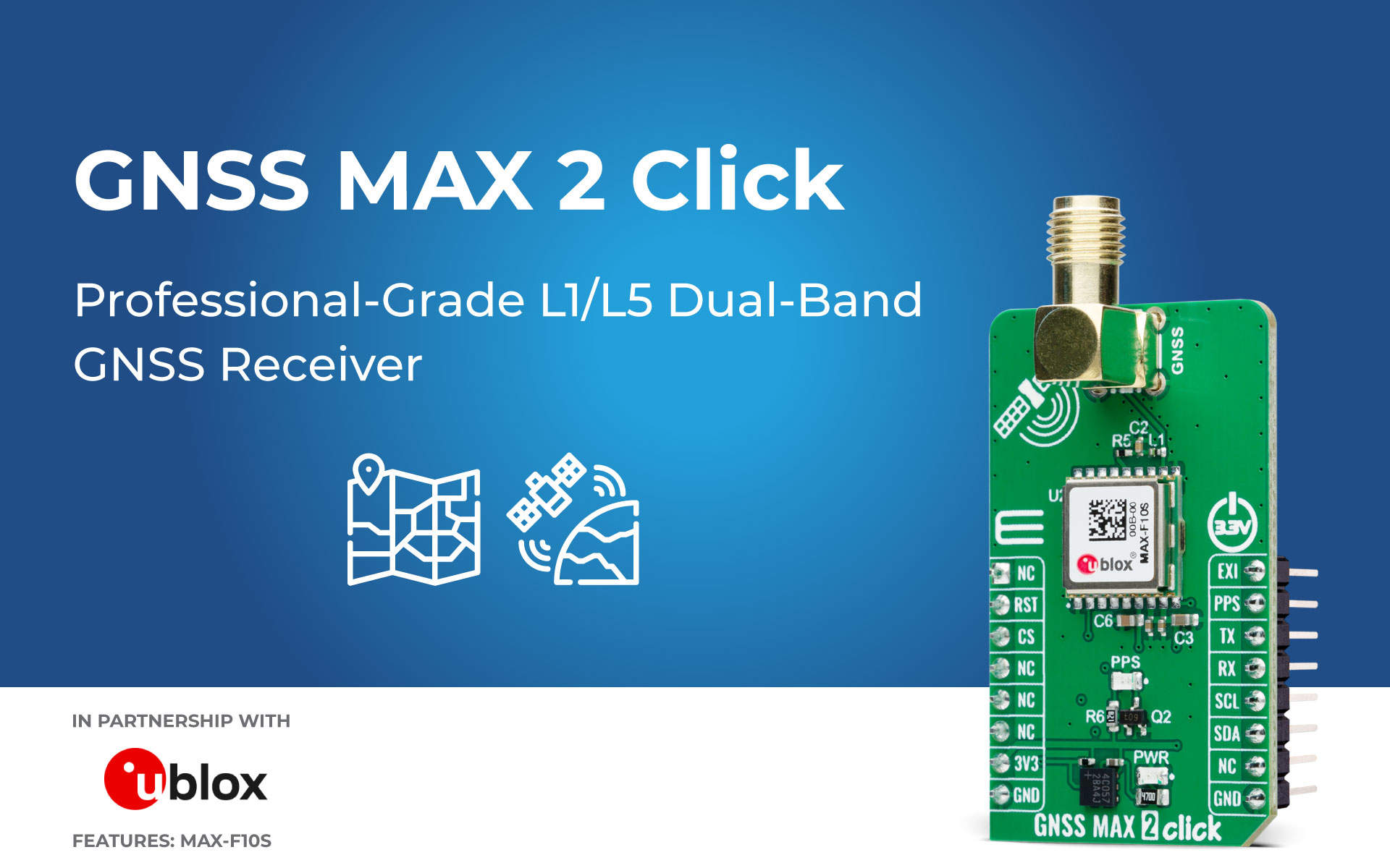 GNSS MAX 2 Click featuring a professional-grade L1/L5 dual-band GNSS ...