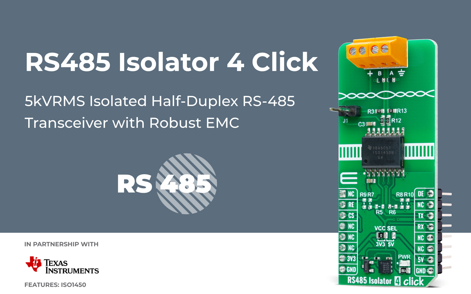 RS485 Isolator 4 Click featuring 5kVRMS isolated half-duplex RS-485 ...