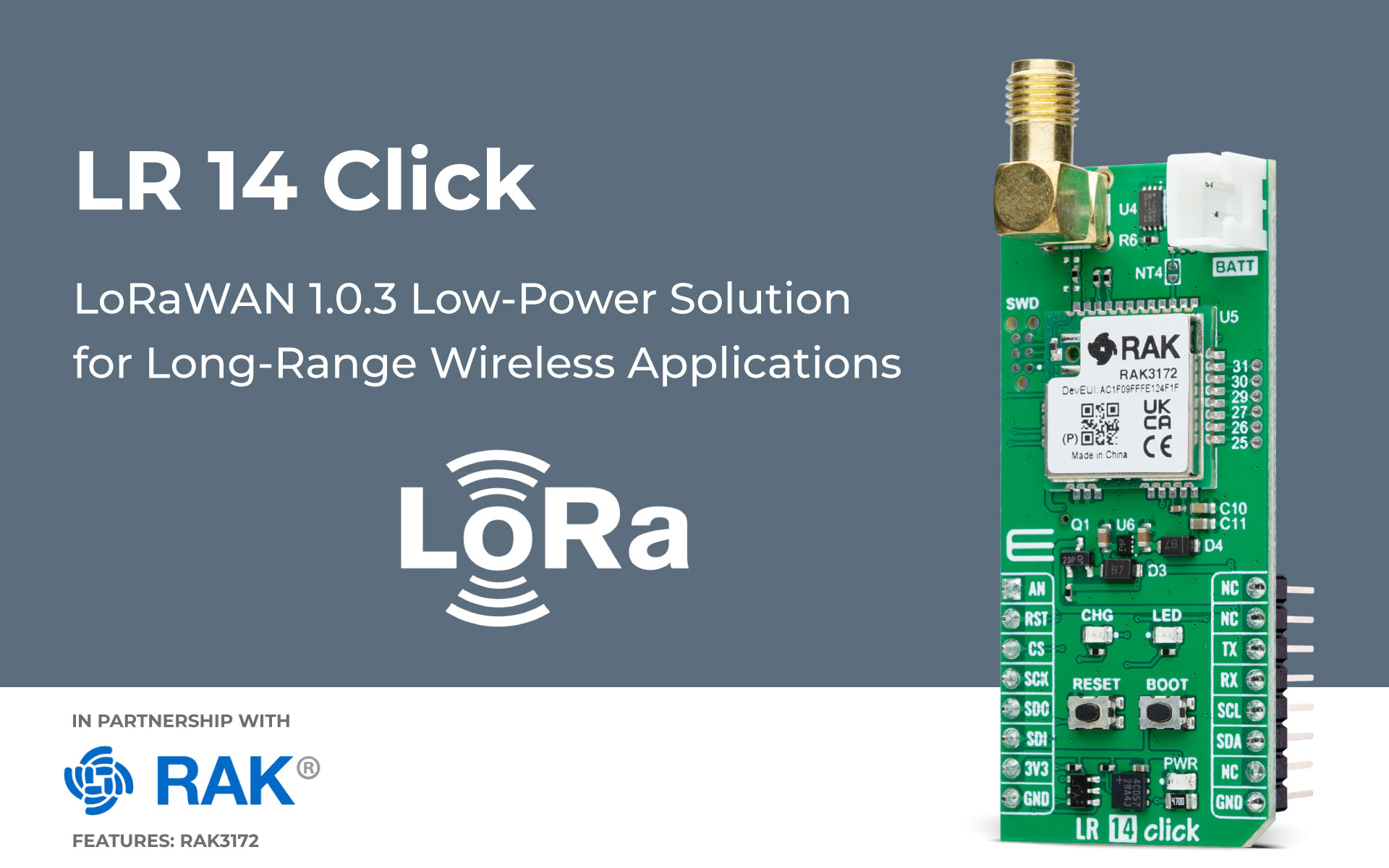 LR 14 Click featuring a Class A/B/C LoRaWAN 1.0.3 low-power module