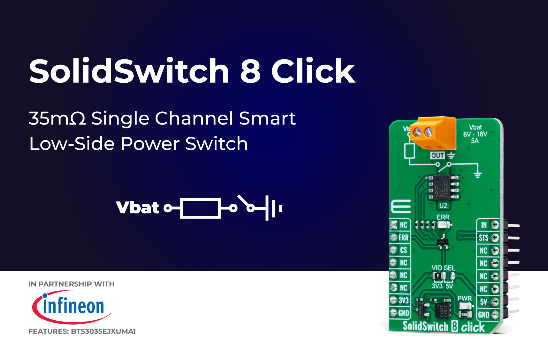 SolidSwitch 8 Click featuring a 35mΩ single channel smart low-side power switch