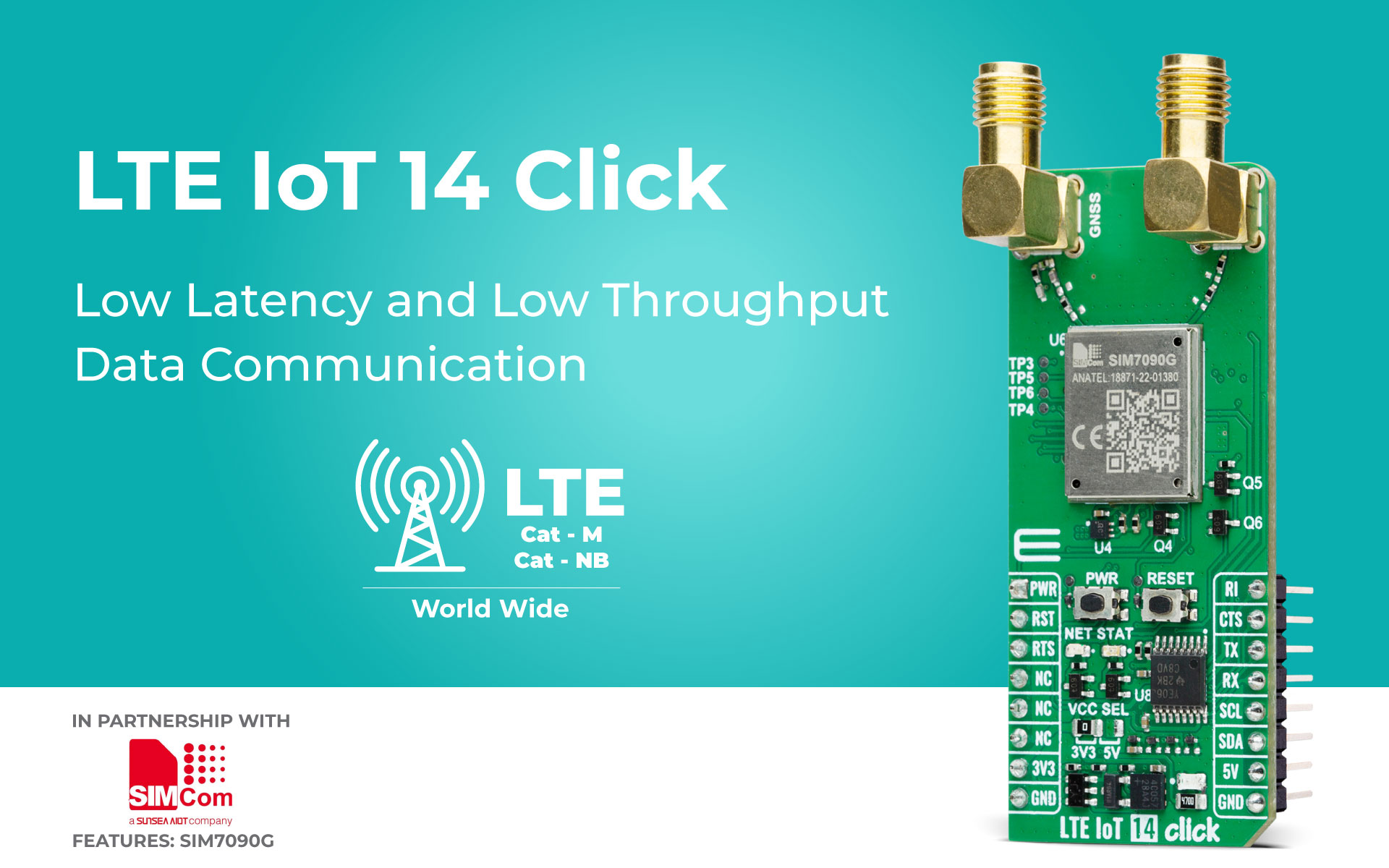 LTE IoT 14 Click featuring a multi-band LTE module with Cat-M/Cat-NB communication modes and ...