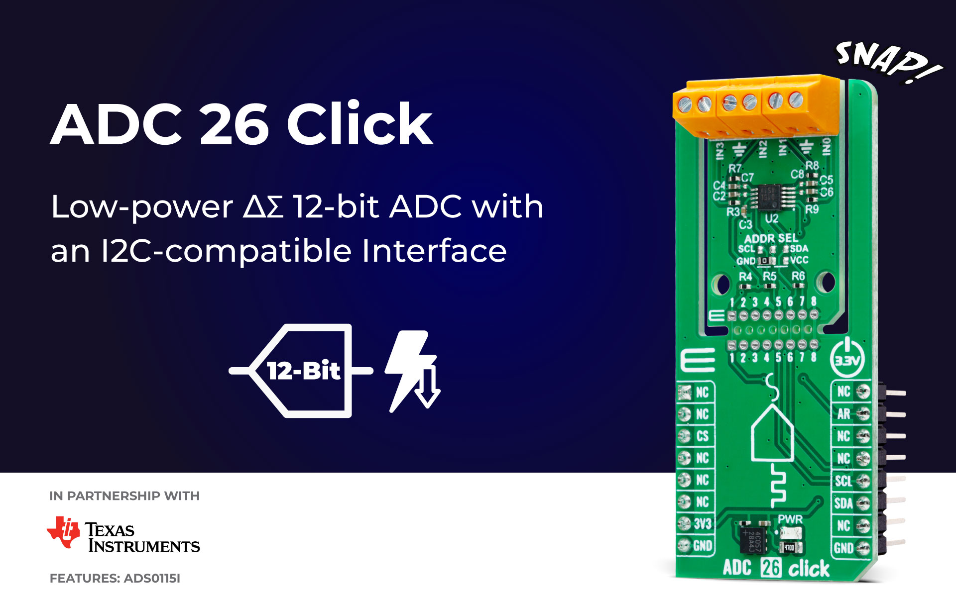 ADC 26 Click featuring a delta-sigma (ΔΣ) 12-bit ADC with an I2C-compatible interface