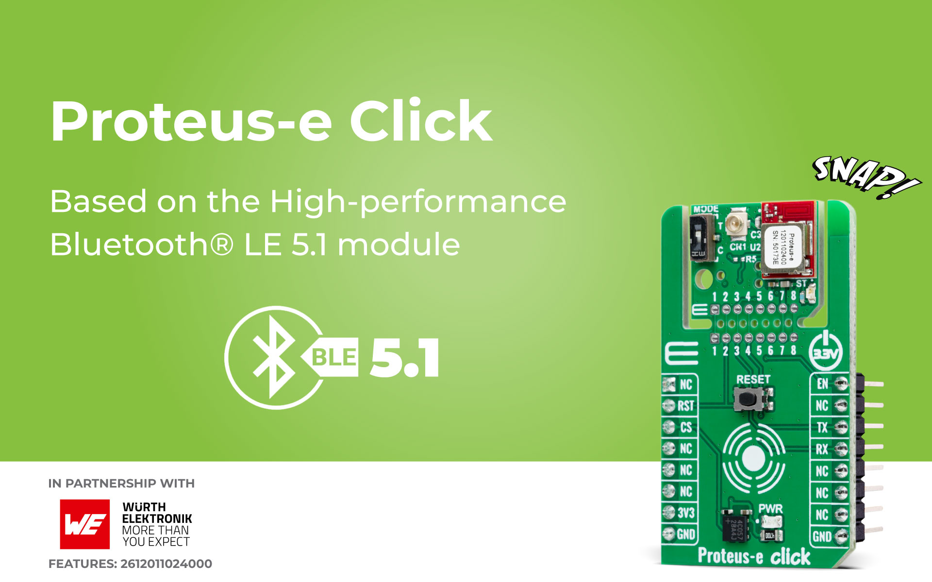 Proteus-e Click designed for wireless communication between devices using Bluetooth® LE 5.1 ...