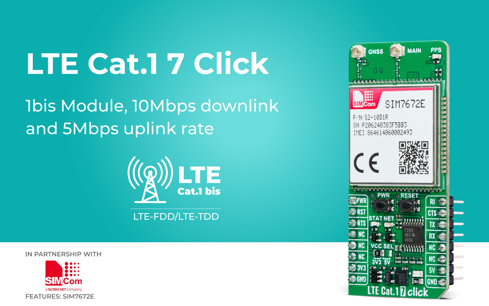 LTE Cat.1 7 Click for reliable LTE Cat 1 connectivity and GNSS support