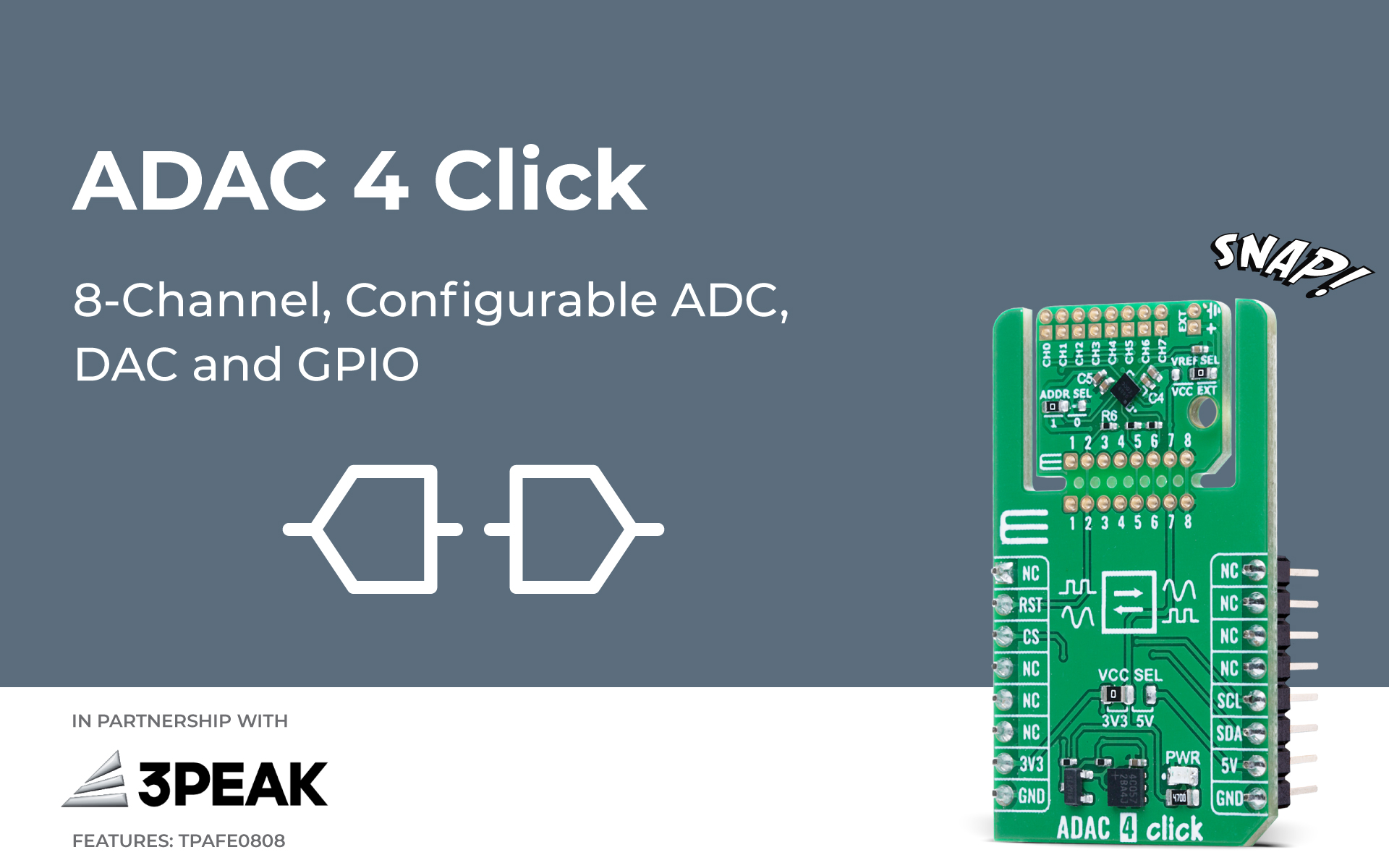 ADAC 4 Click designed for analog and digital I/O functionality through eight flexible channels