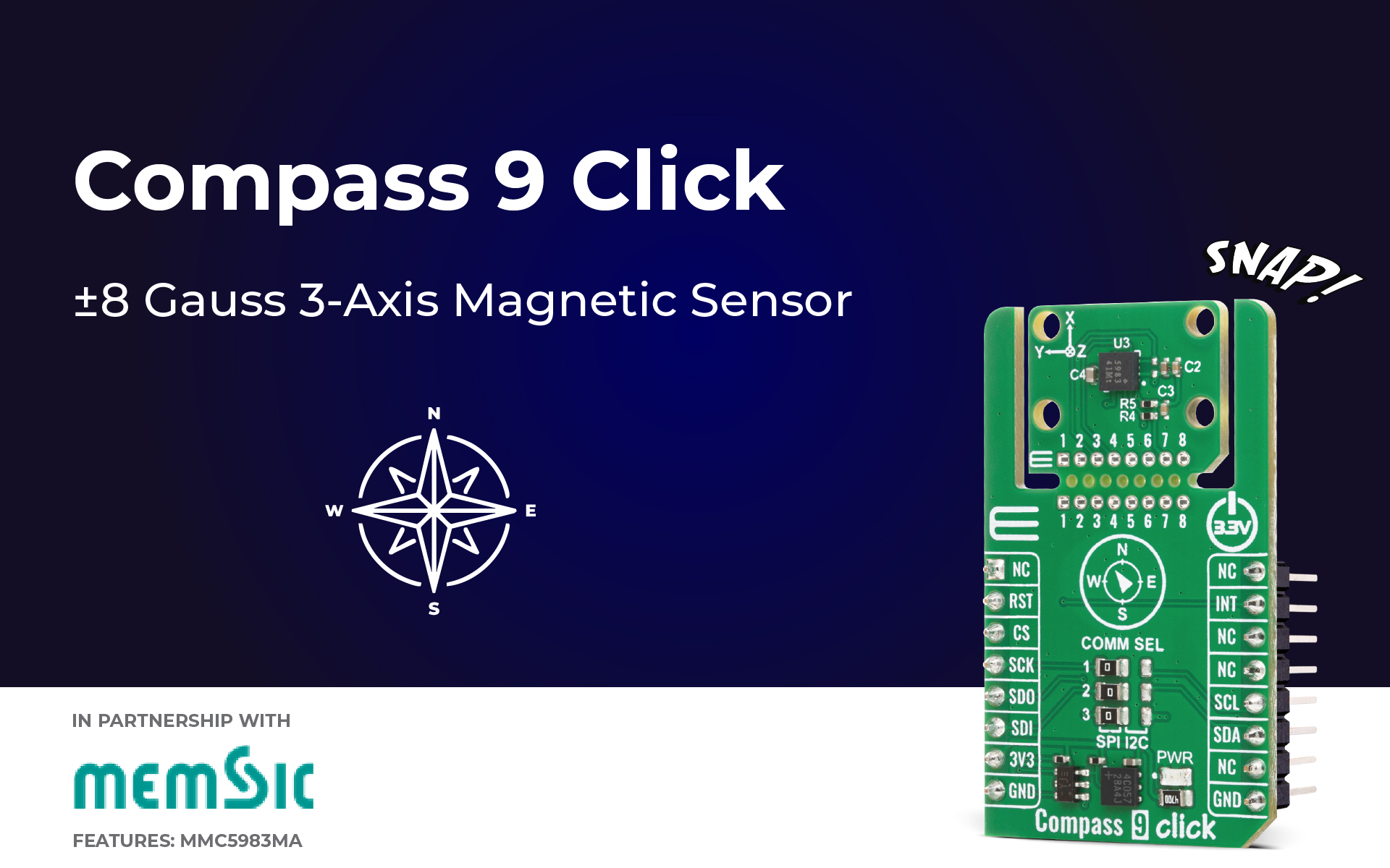 Compass 9 Click designed for AEC-Q100 qualified 3-axis magnetic field ...