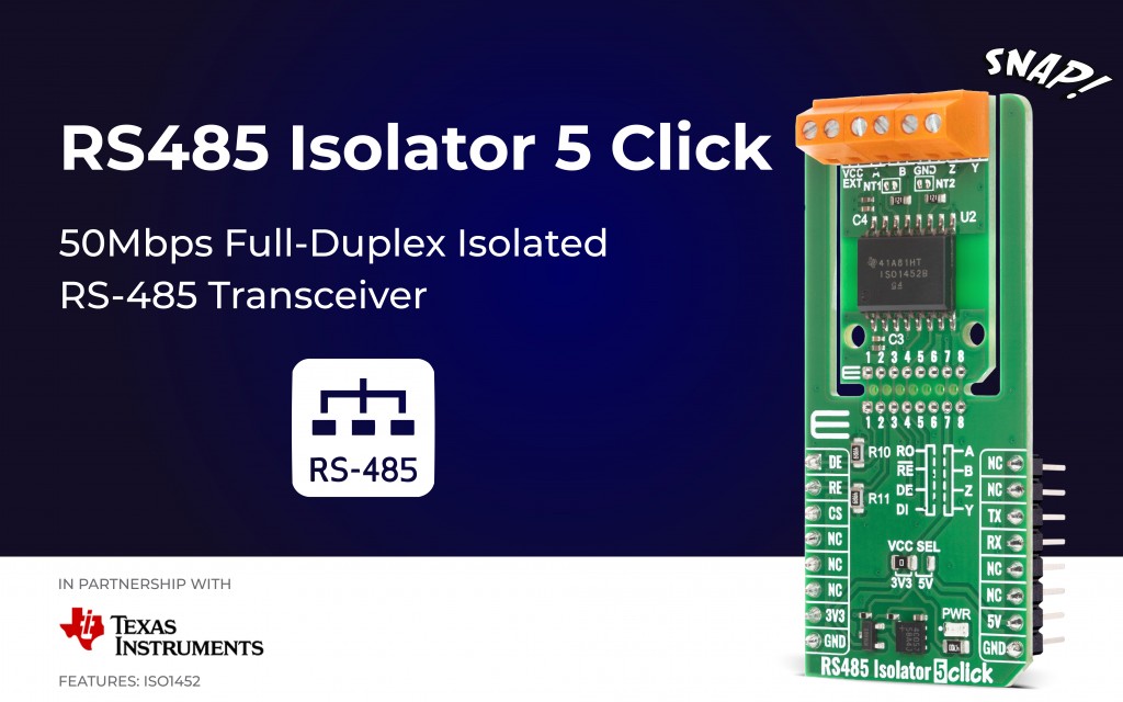 RS485 Isolator 5 Click designed for noise-immune, full-duplex RS-485 ...