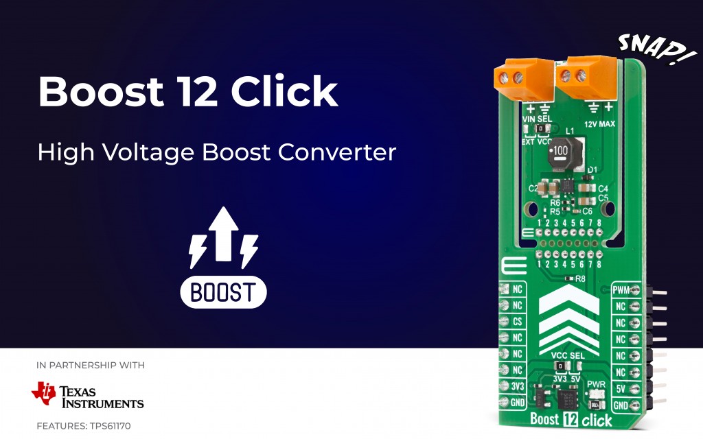 Boost 12 Click designed for high-voltage DC-DC step-up power conversion